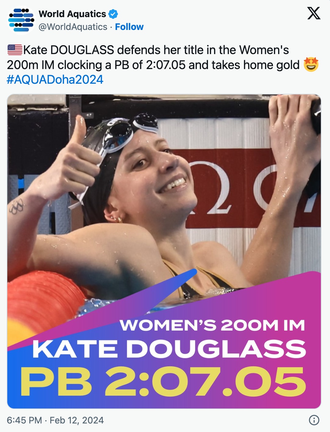 2024年世界泳联世锦赛：余依婷斩获女子200米个人混合泳铜牌，凯特·道格拉斯摘金