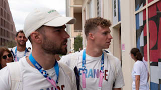 French swimmers arrive at the Olympic Village