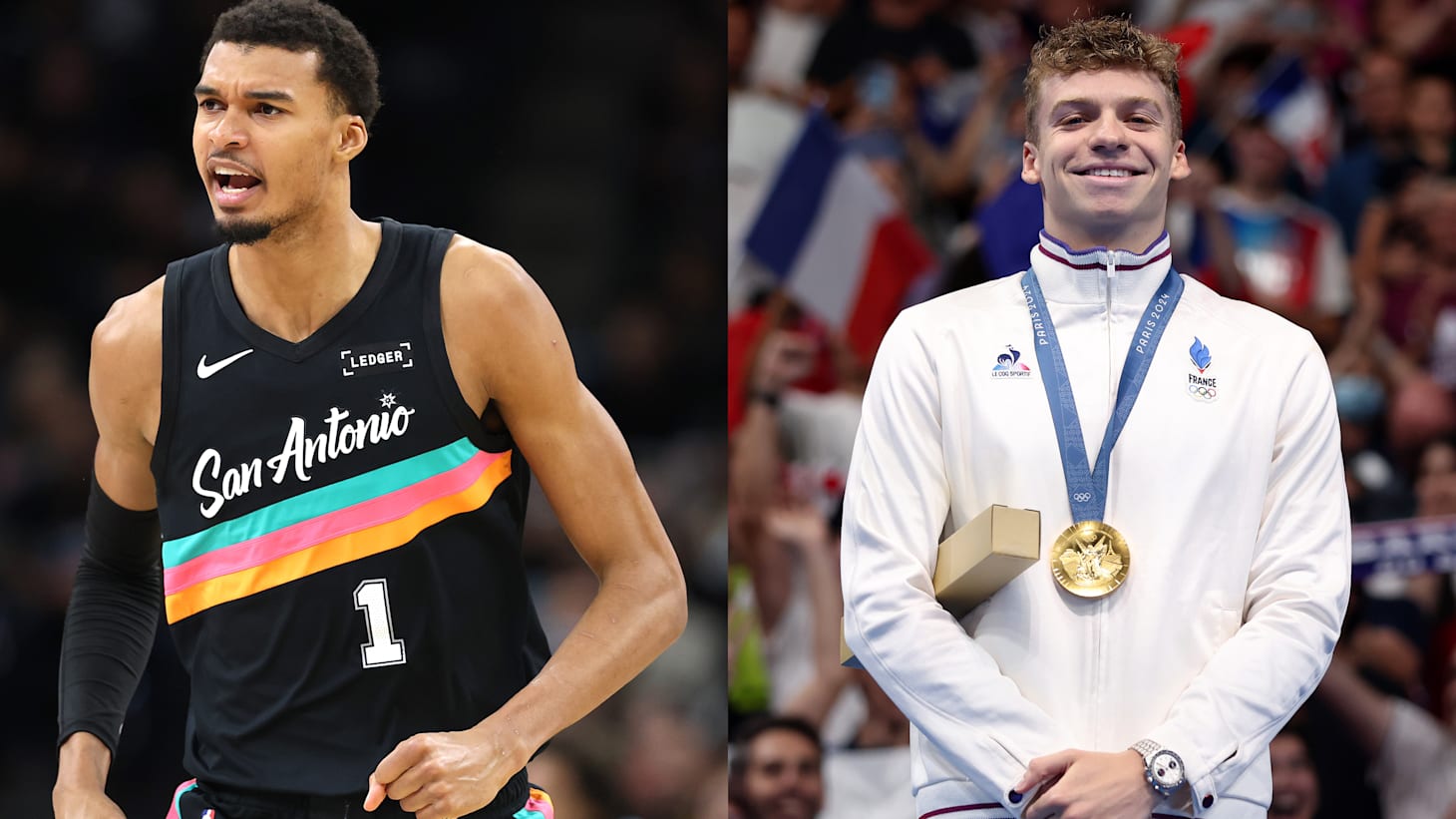 Victor Wembanyama and Léon Marchand link up courtside at San Antonio ...