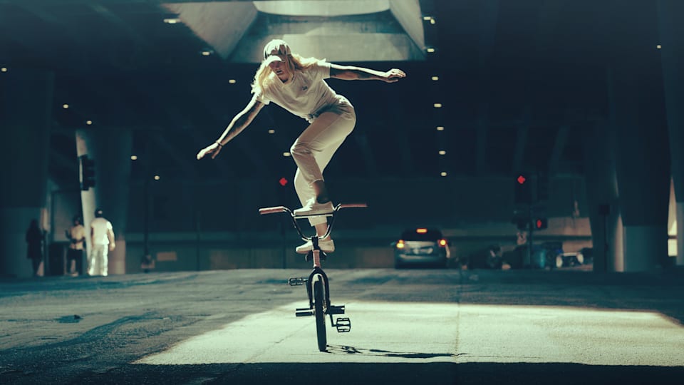 US freestyle BMX rider Angie Marino approaches OQS with a biking ...