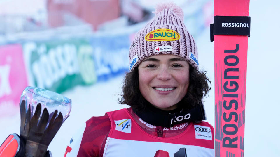 Julia Scheib celebrates season's third giant slalom victory at ...