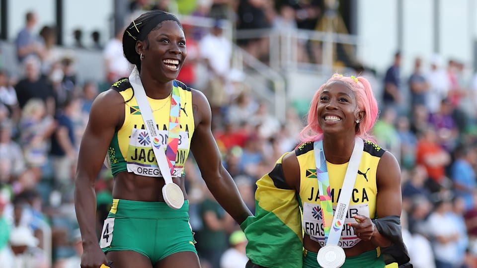 Shelly-Ann Fraser-Pryce and Shericka Jackson in action at World ...