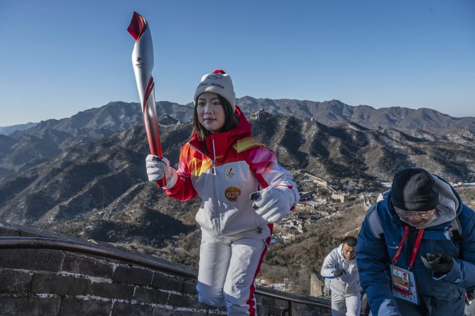 Beijing 2022 Olympic Torch carried on Great Wall of China