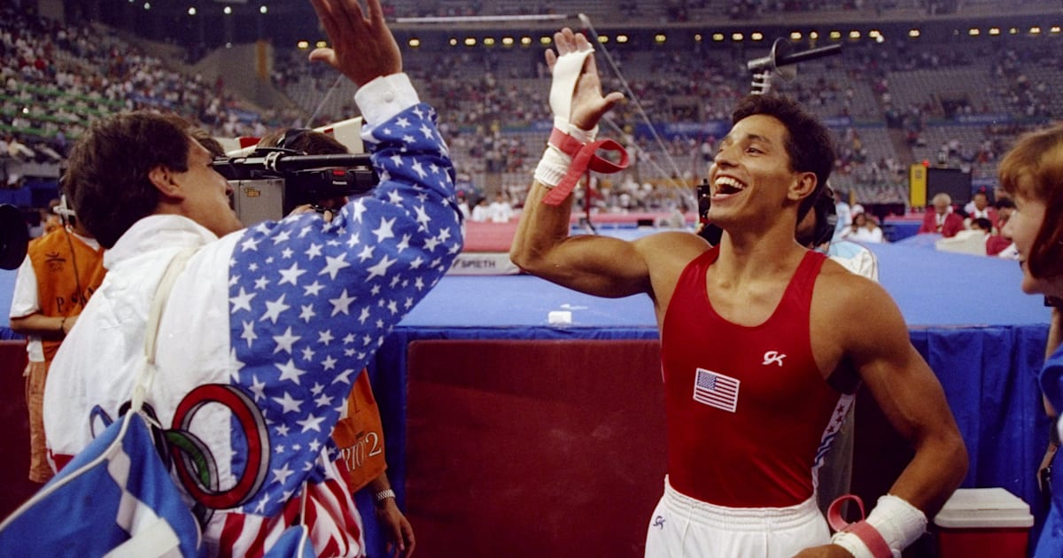Trent Dimas wins Olympic gold in the 1992 horizontal bar final for USA