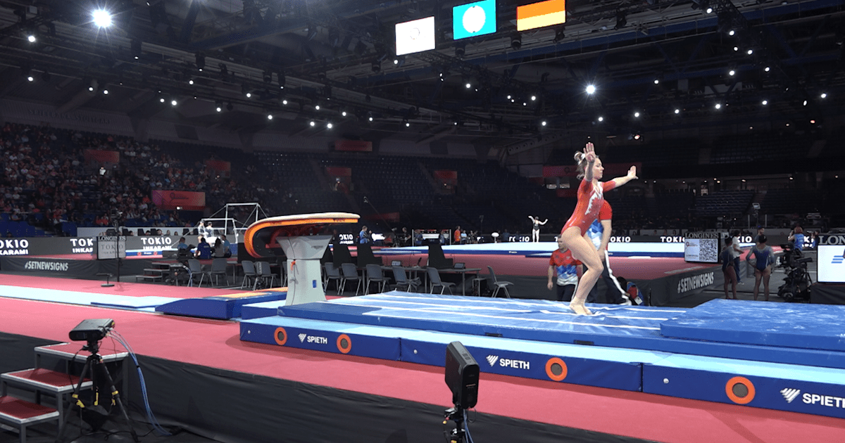 Olympic silver medallist Maria Paseka vaults in podium training at Worlds