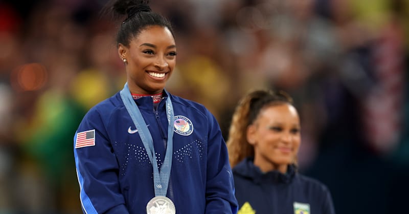 Paris 2024 - Gymnastics star Simone Biles after balance beam, floor ...